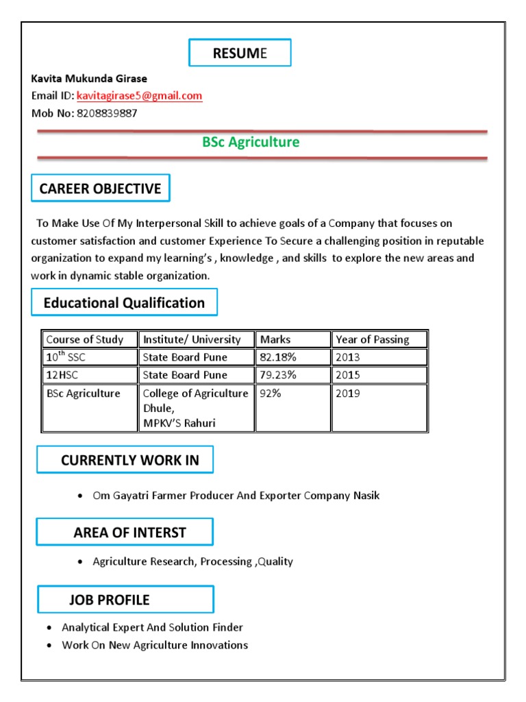 Agriculture Graduate Resume Sample | PDF | Career & Growth