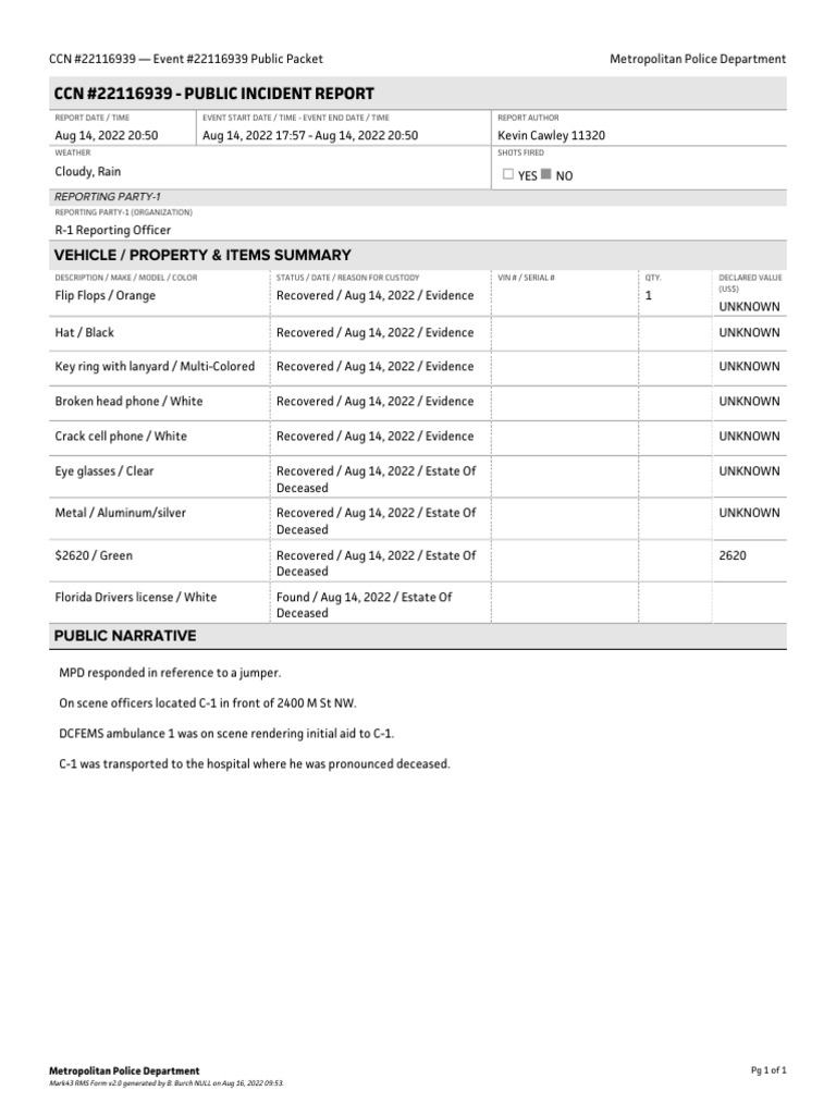 Public Packet - 22116939 Offense - Incident - Death Report - Incident | PDF