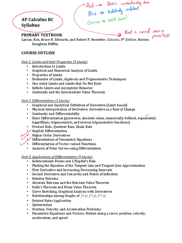 Syllabus Ap Calculus Bc Pdf Integral Derivative