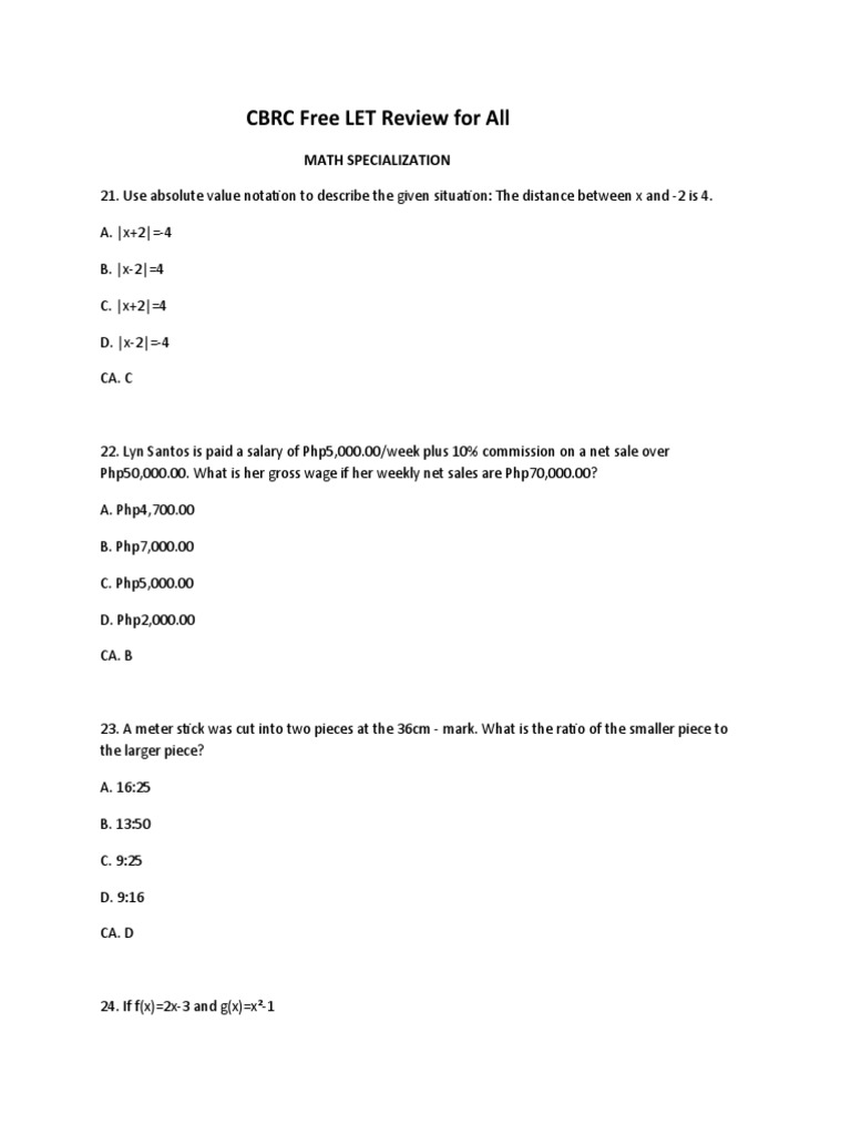 Math LET Reviewer with Answer Key | PDF | Geometry | Elementary Geometry