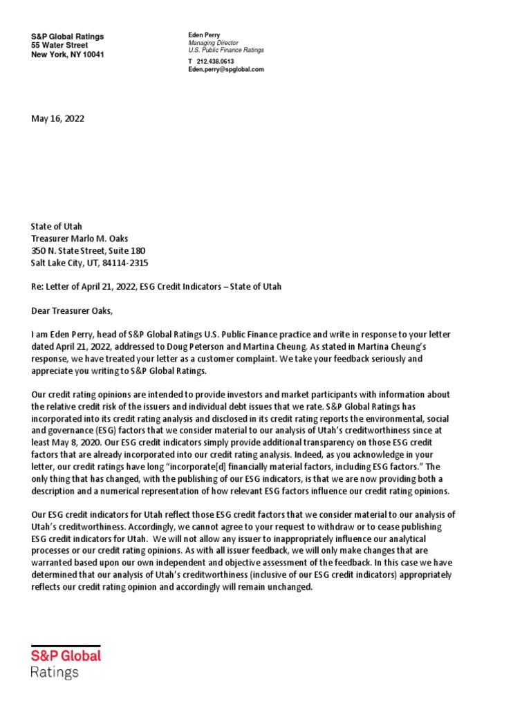Utah Letter | PDF | Governance | Credit Risk