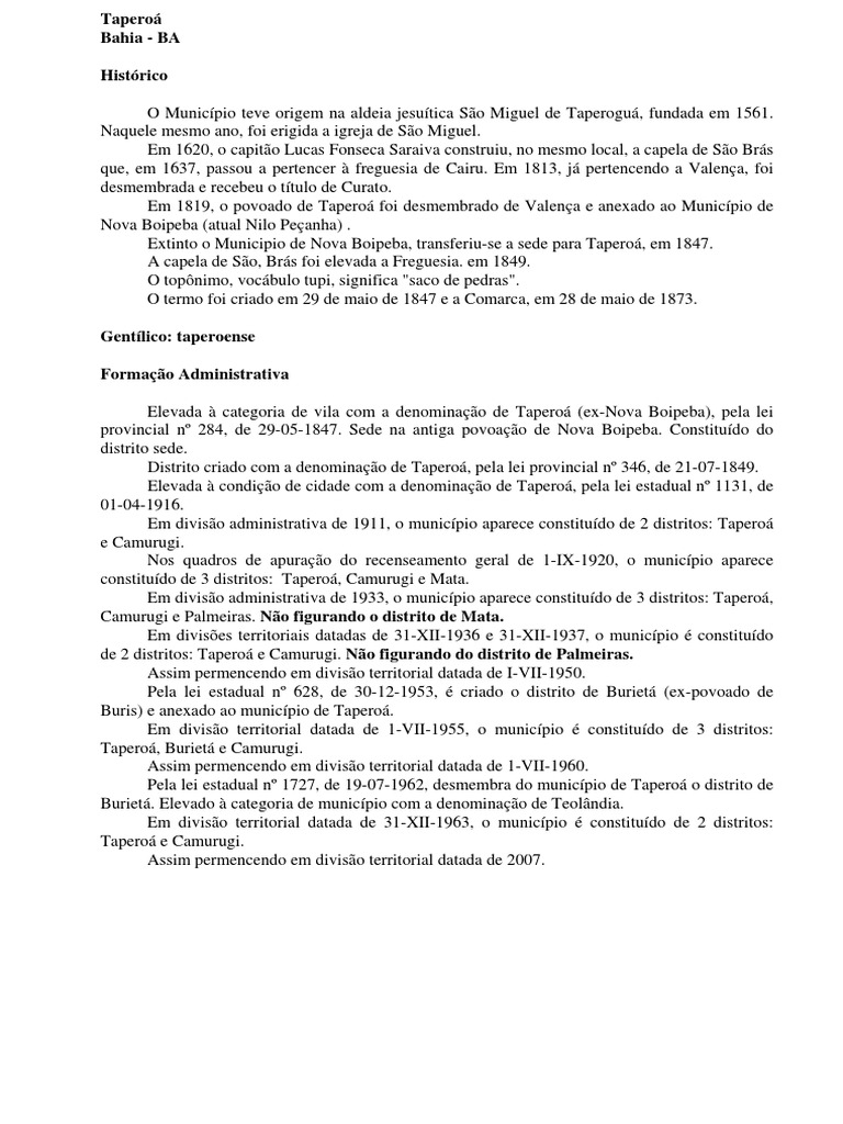 História e Formação de Taperoá-BA | PDF