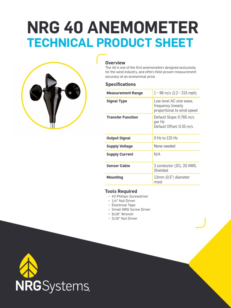 NRG 40 Anemometer: Technical Product Sheet | Download Free PDF | Screw | Sensor
