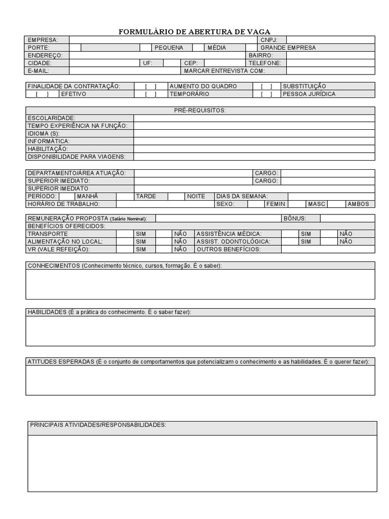 Formulário para preenchimento de vaga em aberto em empresa | PDF