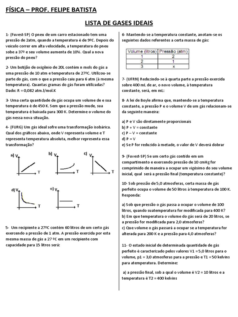 Lista - Iii Unidade - Gases | PDF | Gases | Temperatura