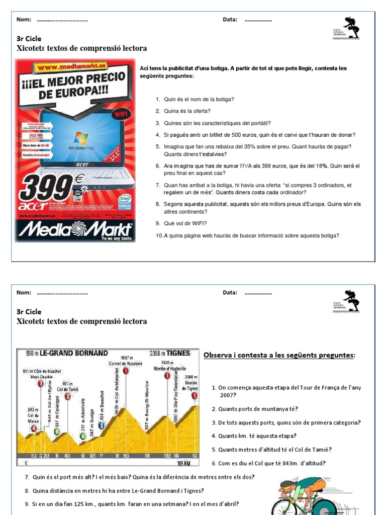 3r Cicle Petits Textos de Comprensió Lectora - CEIP Agnès Armengol Edició Valen | PDF