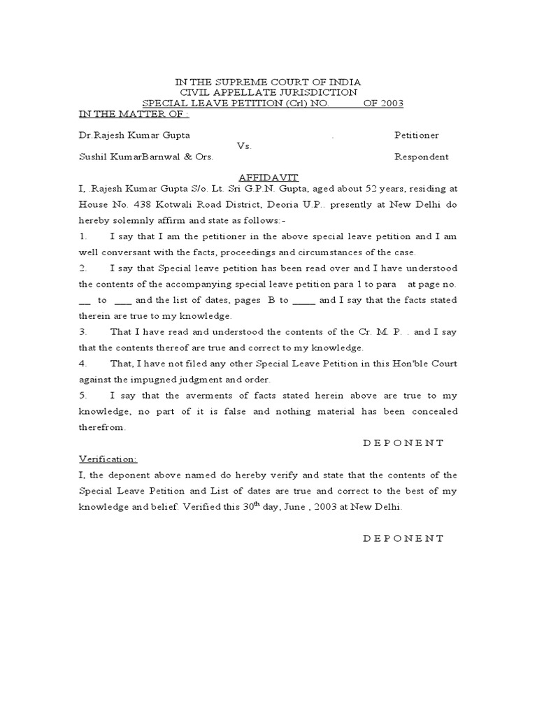 Affidavit in SLP (Criminal) | PDF | Affidavit | Constitutional Law