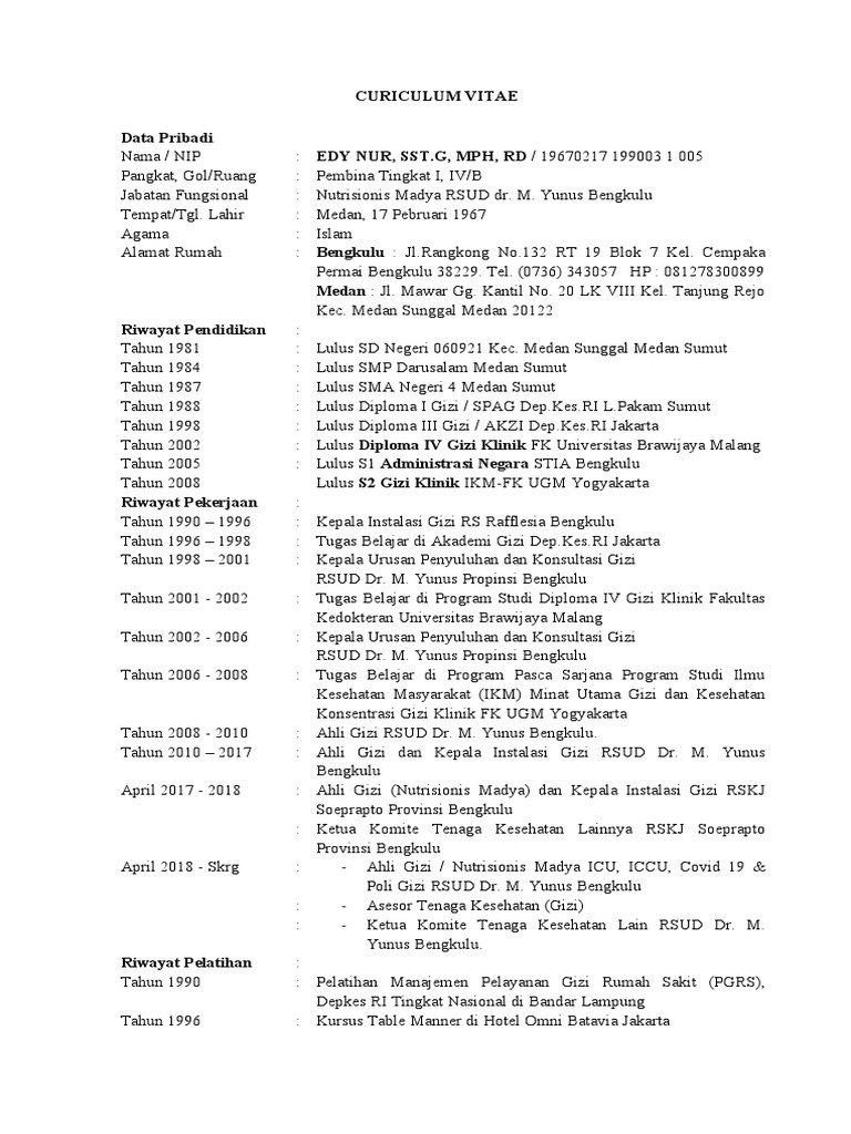 CV Edy Nur: Ahli Gizi Berpengalaman | PDF