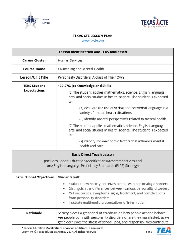 Lesson Plan Personality Disorders A Class of Their Own_0 | PDF ...