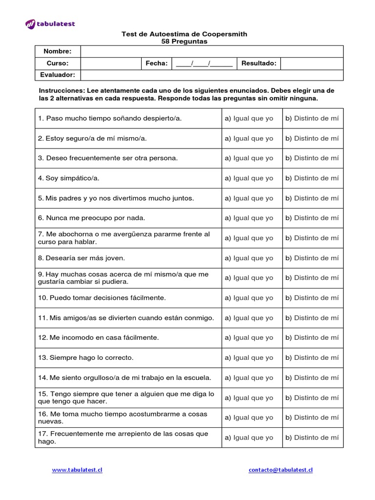 Test de Autoestima de Coopersmith | PDF