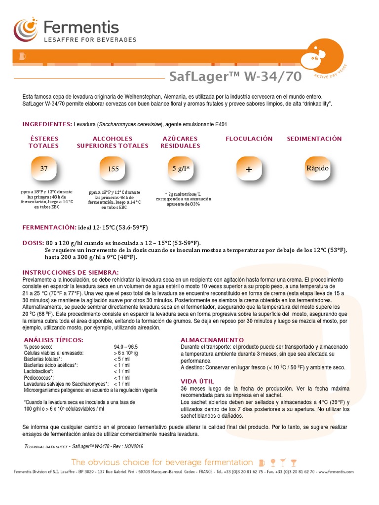 Levadura SafLager W-34/70: Guía Técnica | PDF | Fermentación | Cerveza