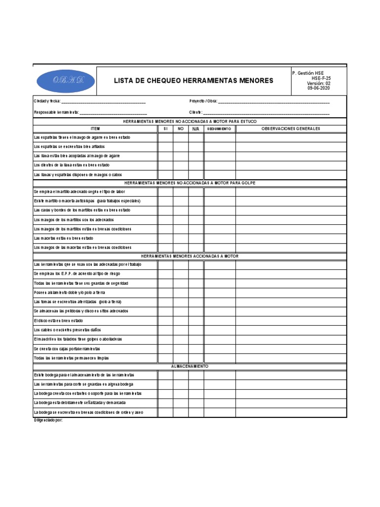 Lista Chequeo Herramientas Menores | PDF | Bienes manufacturados | Herramientas