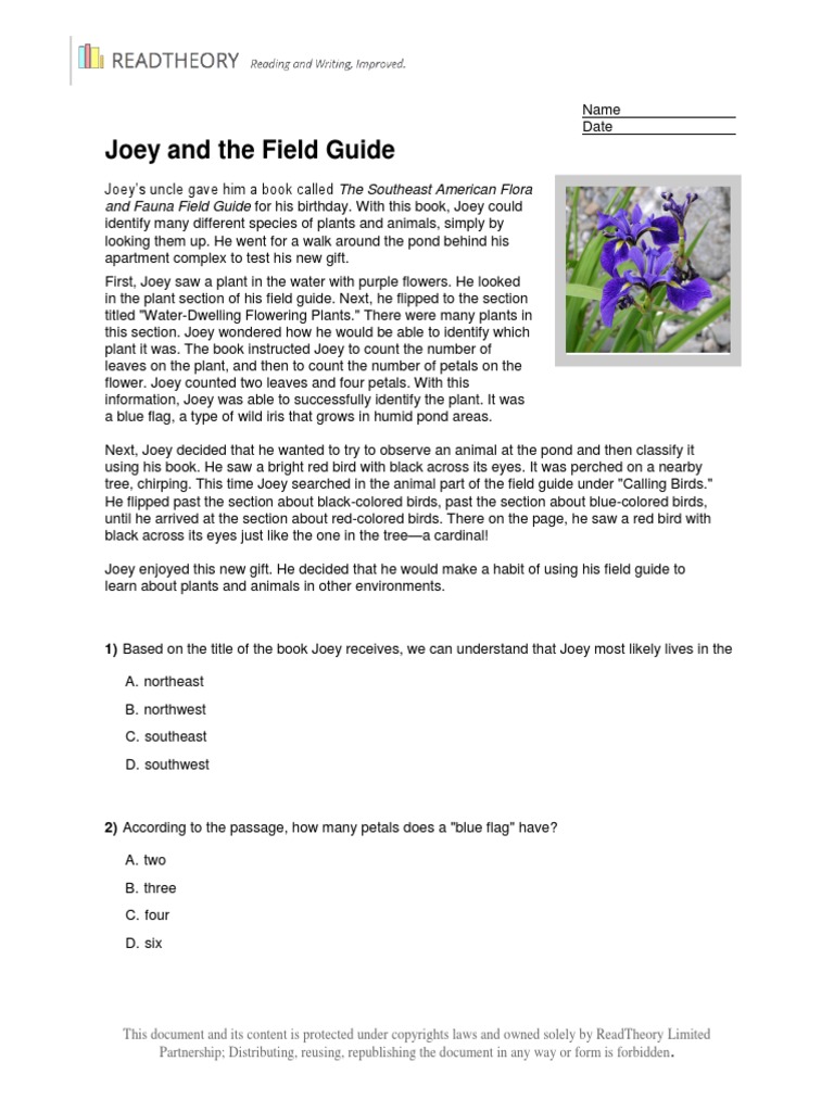 7th Grade Joey and The Field Guide Text Questions | PDF | Field Guide ...