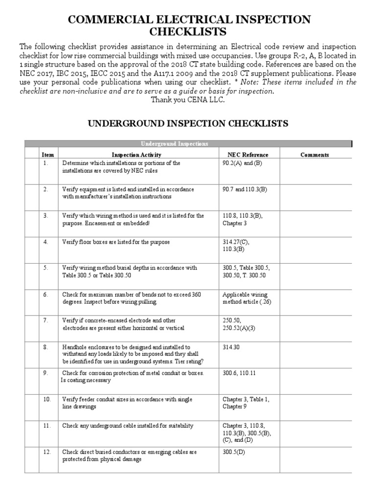 Commercial Electrical Inspection Checklist | PDF | Electrical Wiring ...