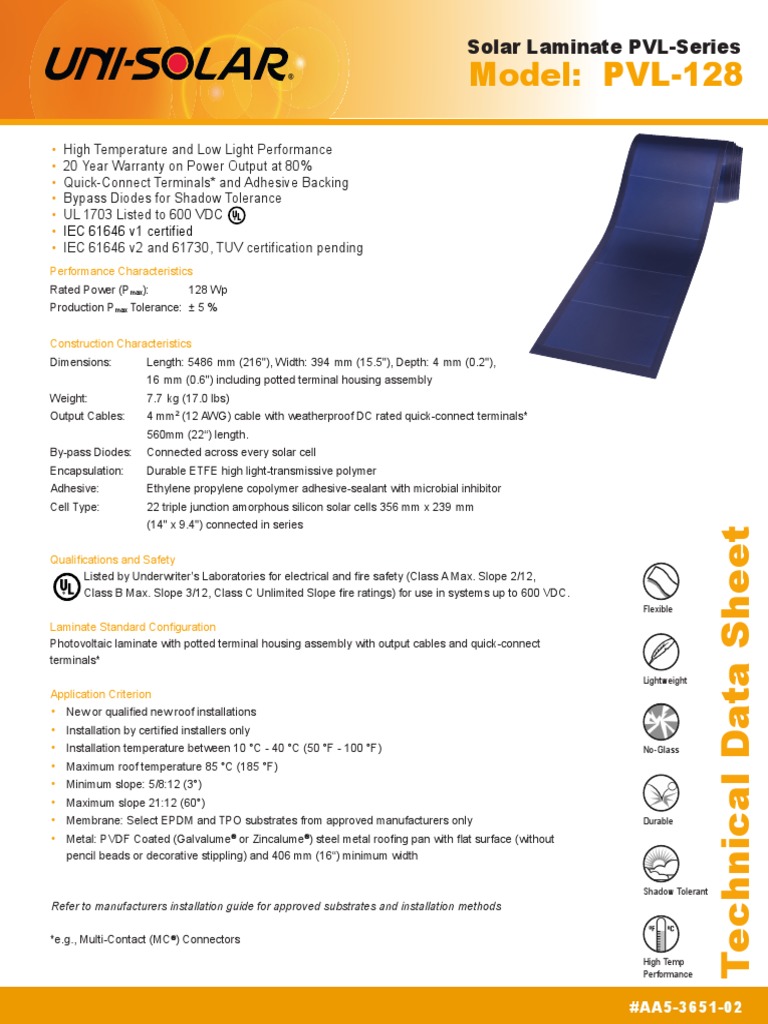 Model: PVL-128: Solar Laminate PVL-Series | PDF | Materials | Electrical Engineering