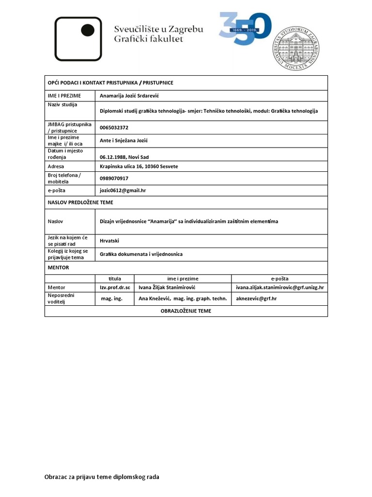 Anamarija Jozic Srdarevic - Obrazac - Za - Prijavu - Teme - Diplomskog - Rada - Fin 30.4 | PDF