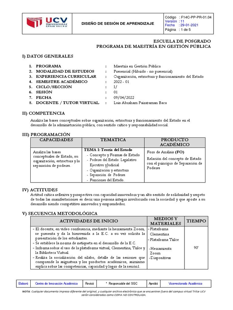 Diseño de Sesion de Aprendizaje - Tema 1 | PDF | Maestros | Administración Pública