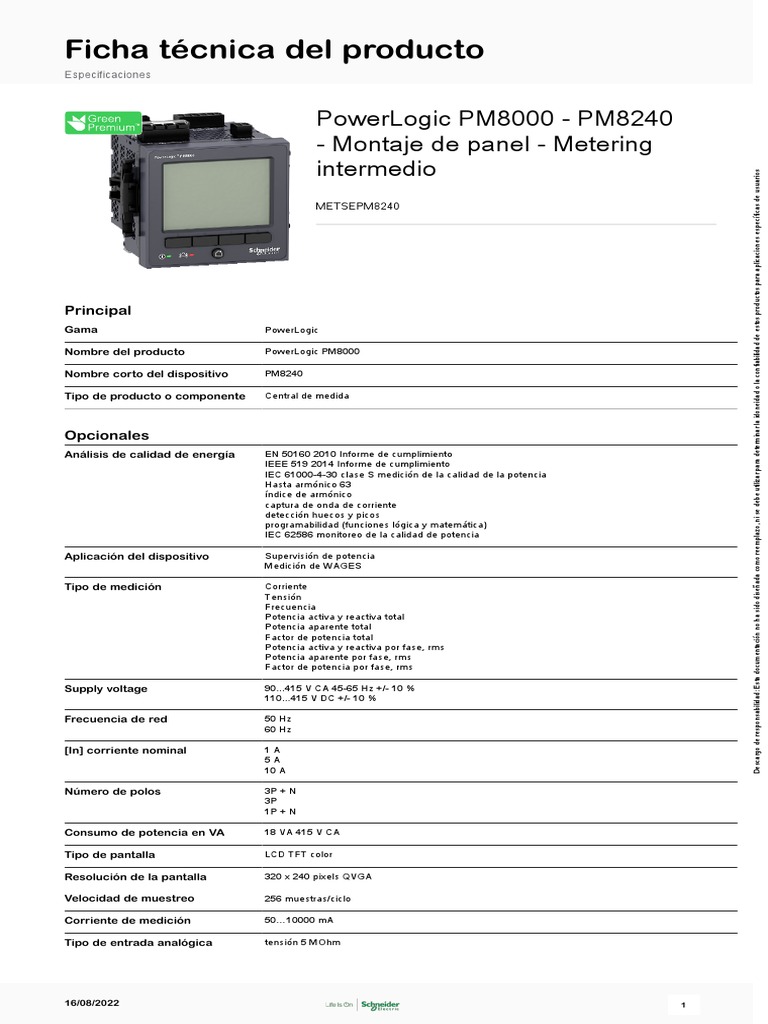 Ficha técnica PowerLogic PM8000/PM8240 | PDF | Energia electrica ...