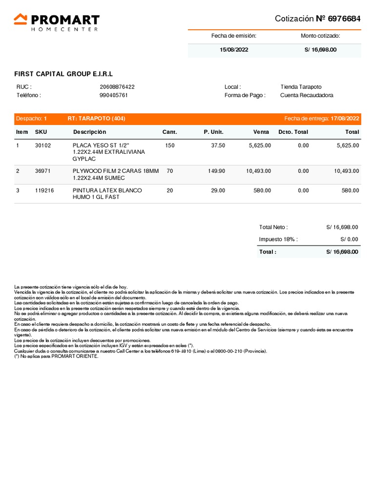 Cotizacion First Capital Group E.I.R.L | PDF | Economias