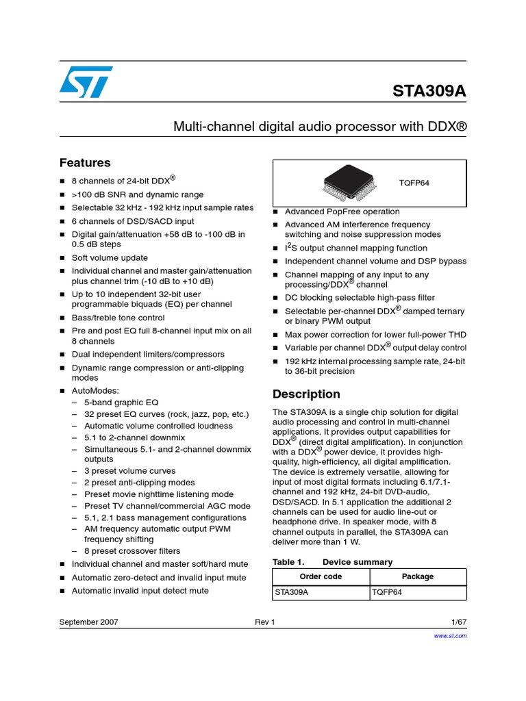 STA309A: Multi-Channel Digital Audio Processor With DDX® | PDF | Equalization (Audio) | Computing