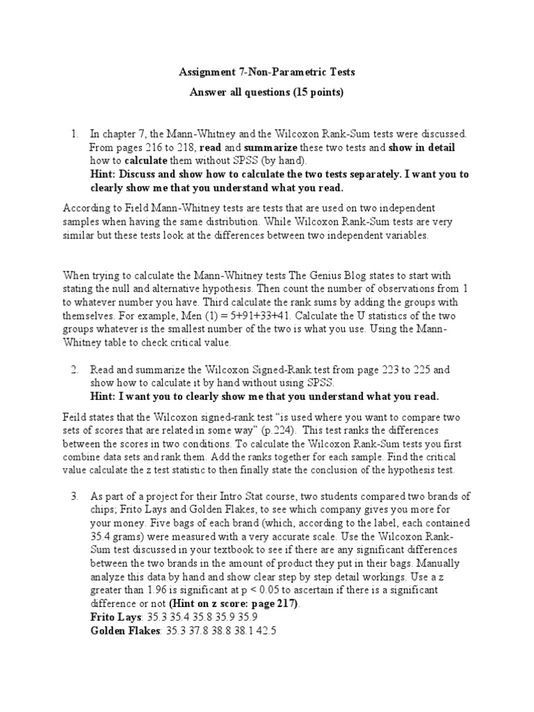 Assignment 7 - Nonparametric Tests | PDF | Mann–Whitney U Test ... Assignment 7 - Nonparametric Tests | PDF | Mann–Whitney U Test ...