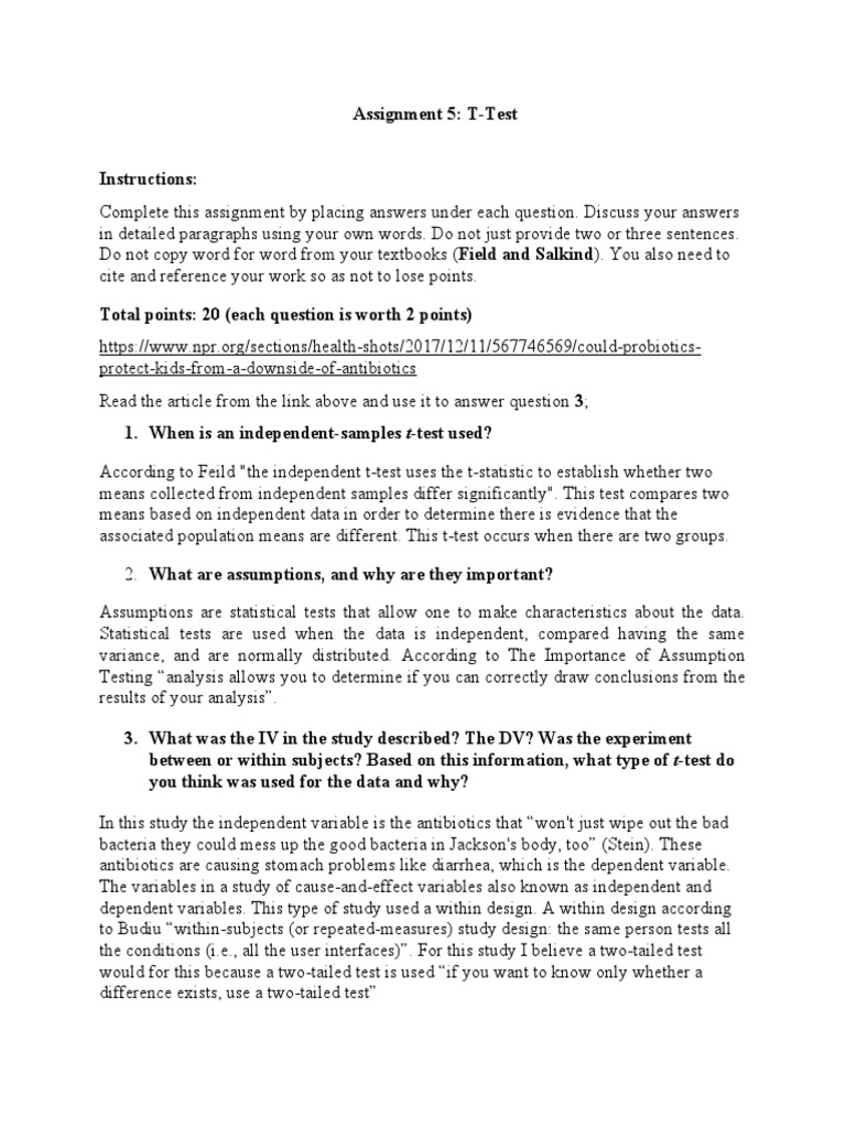 Assignment 5 - T Test | PDF | Student's T Test | Statistical Hypothesis ...