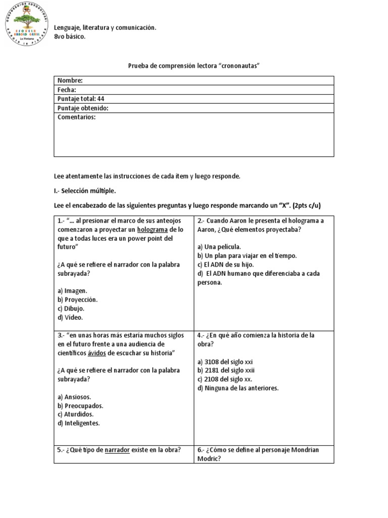 Prueba de Comprensión Lectora 8vo (Crononautas) | PDF