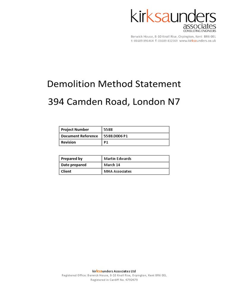 Demolition Method Statement 394 Camden Road, London N7: Project Number ...