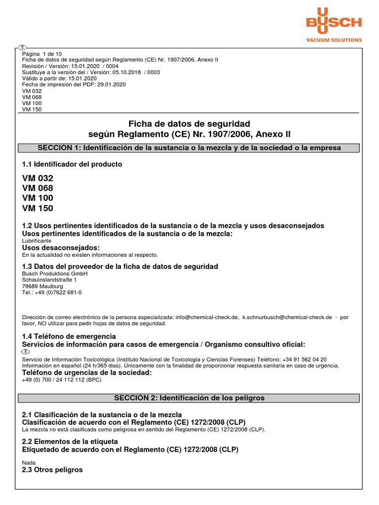 MSDS Lubricante de Bombas de Vacio BUSCH | PDF | Agua | Densidad