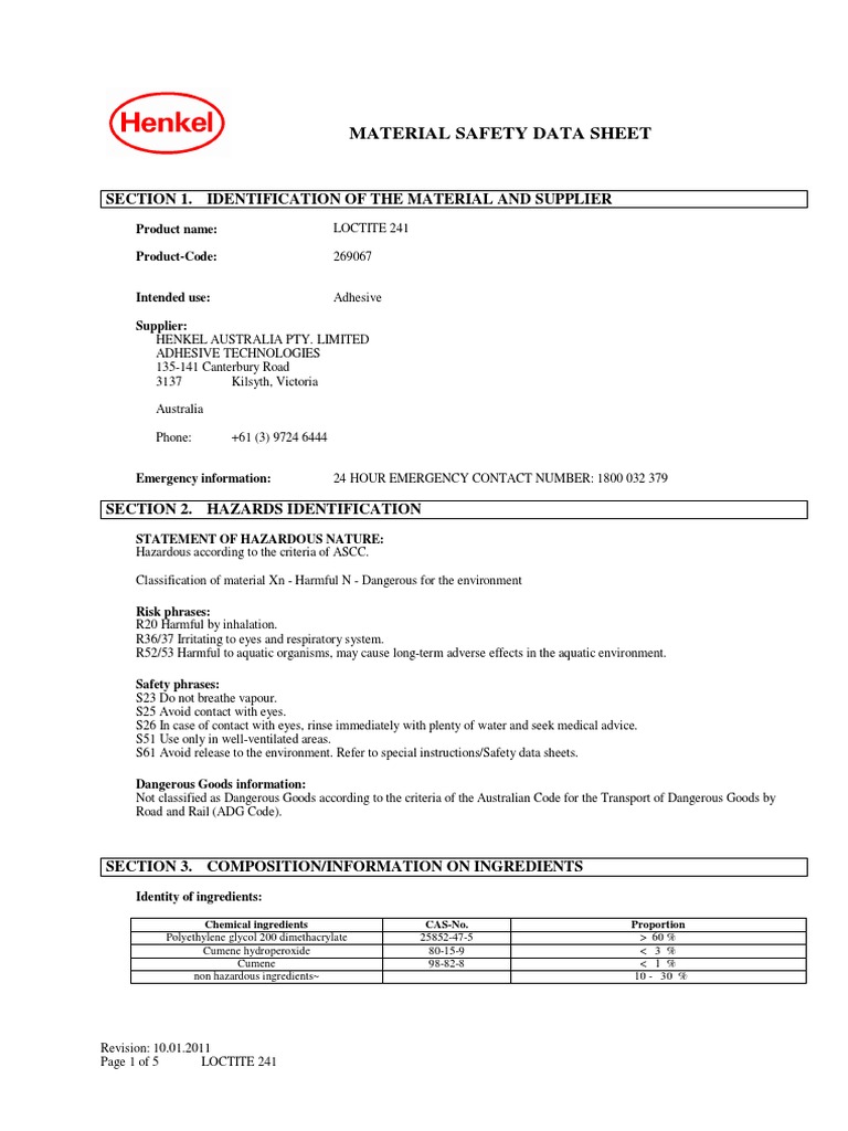Material Safety Data Sheet: Section 1. Identification of The Material and Supplier | Download ...