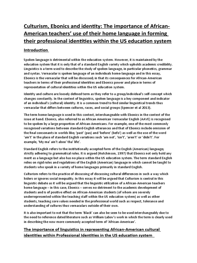 Ebonics Essay | PDF | Teachers | English Language