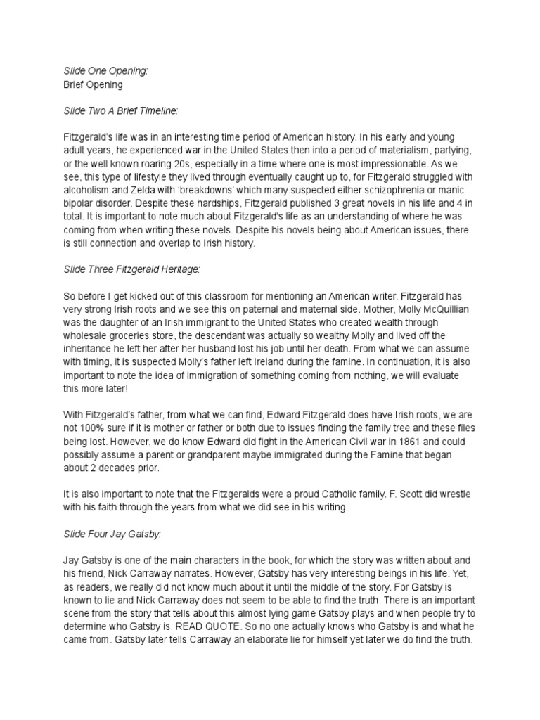 Presentation Notes F Scott Fitzgerald 1 | PDF | The Great Gatsby | F ...