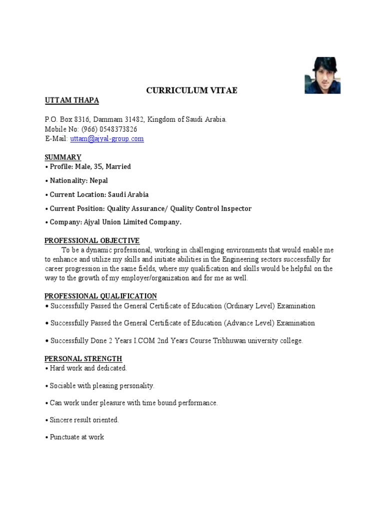 CURRICULUM VITAE - Uttam Thapa | PDF | Pipe (Fluid Conveyance) | Fiberglass