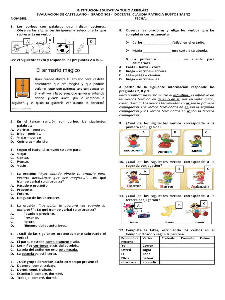 Eval Castellano El Verbo Pdf Verbo Lingüística