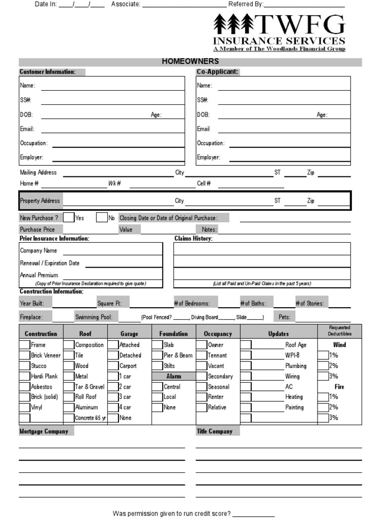 Homeowners Insurance Application Form | PDF | Home Insurance | Building ...