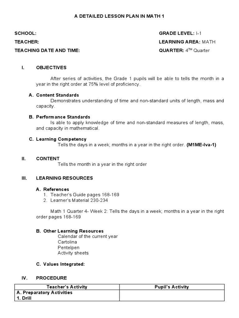 Grade 1 Math Lesson Plan: Months | PDF | Lesson Plan | Learning
