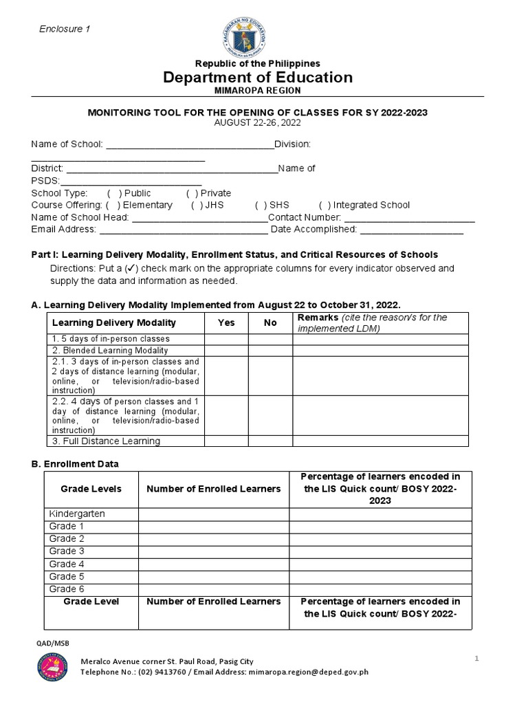 Monitoring Tool For The Opening of Classes For SY 2022 2023 | PDF ...