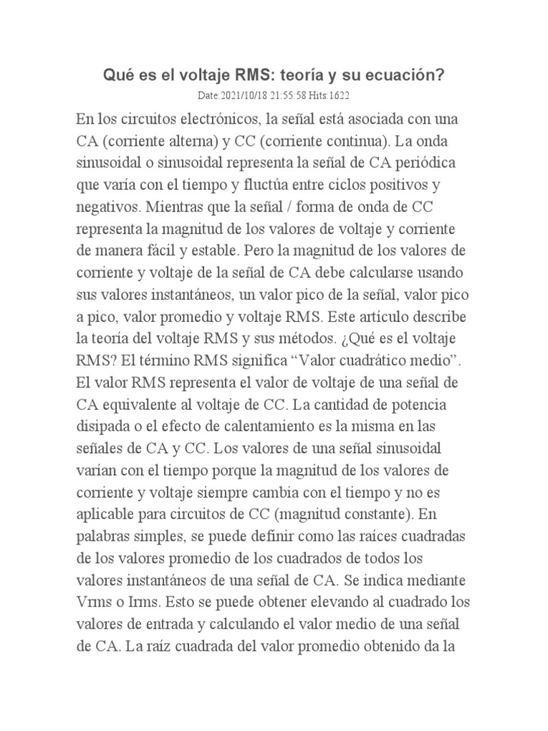 Qué es el voltaje RMS | PDF | Corriente alterna | Energia electrica