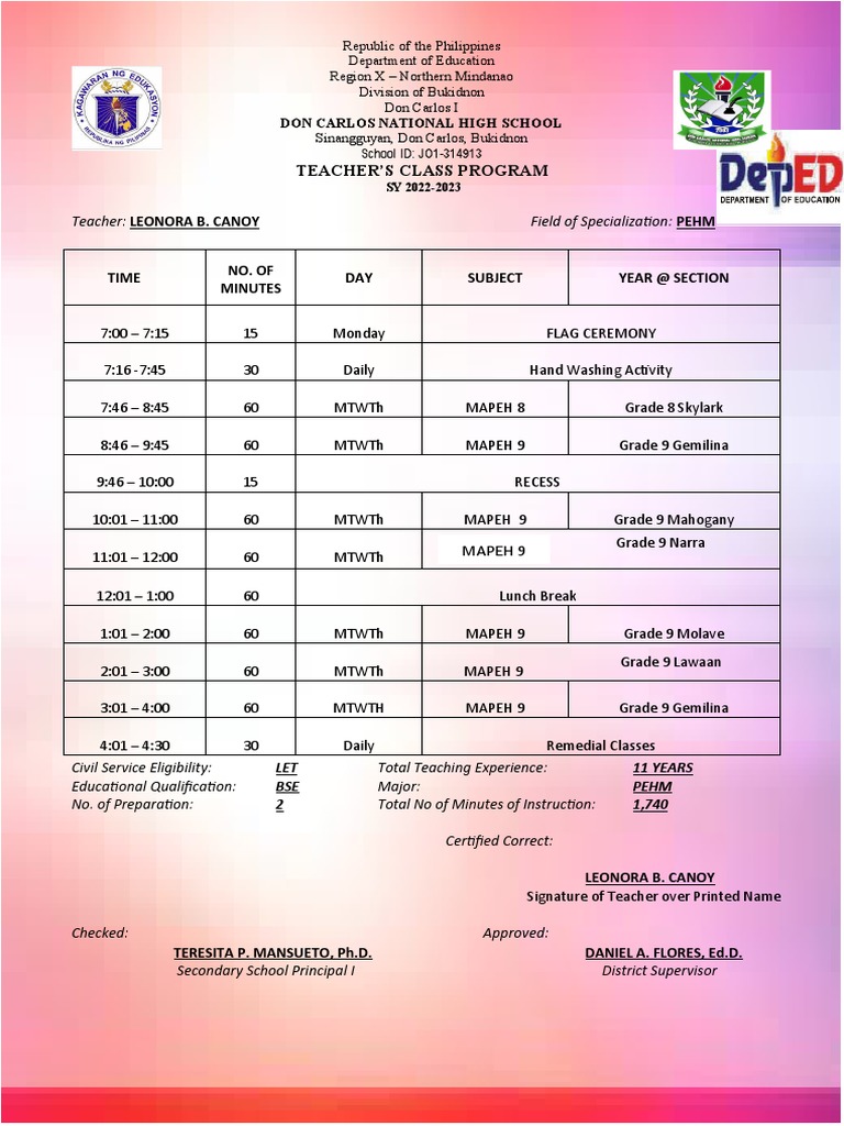 The Daily Schedule and Teaching Assignments of Ms. Leonora B. Canoy for ...