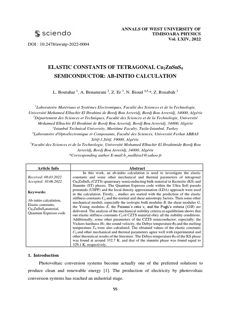 Elastic Constants of Tetragonal Cu Znsns Semiconductor: Ab-Initio Calculation | PDF ...