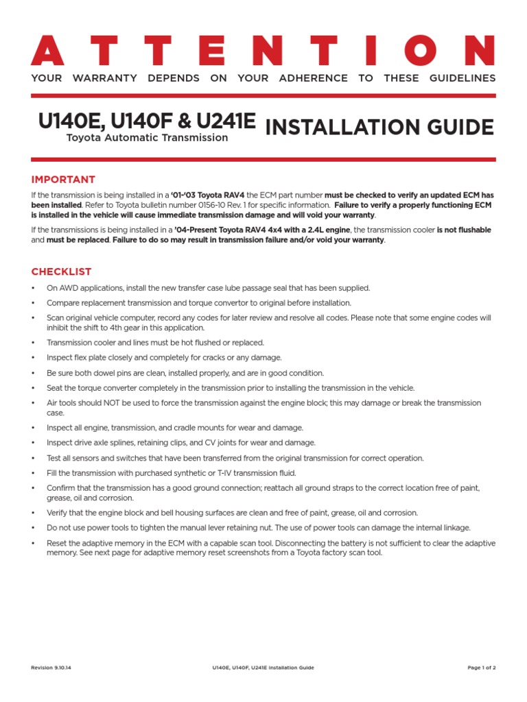 Attention: U140E, U140F & U241E Installation Guide | PDF | Four Wheel ...