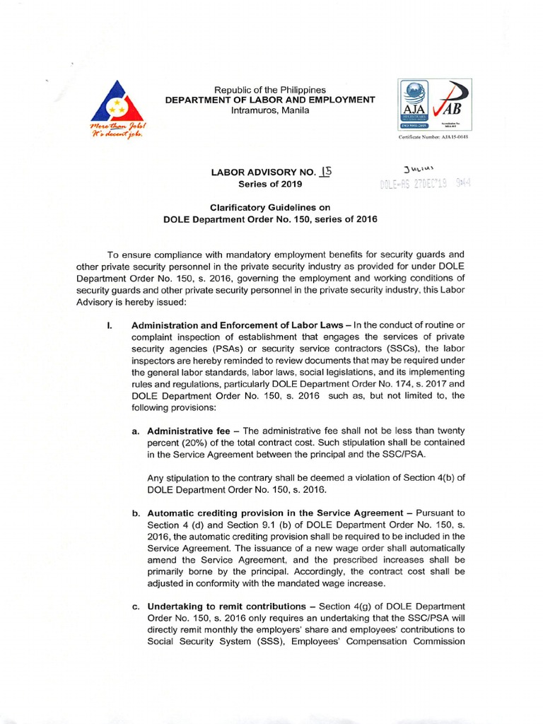 Labor Advisory 15 19 Clarificatory Guidelines On DOLE Department Order No. 150 Series of 2016 | PDF