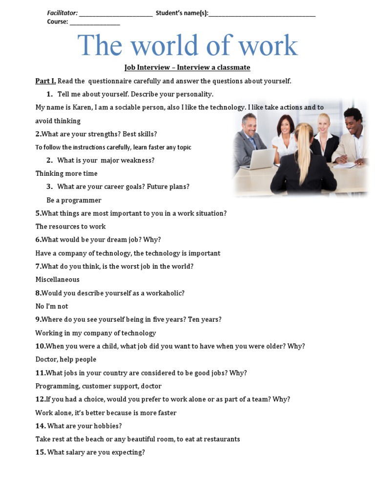 The World of Work A Job Interview and Writing An A Conversation Topics ...