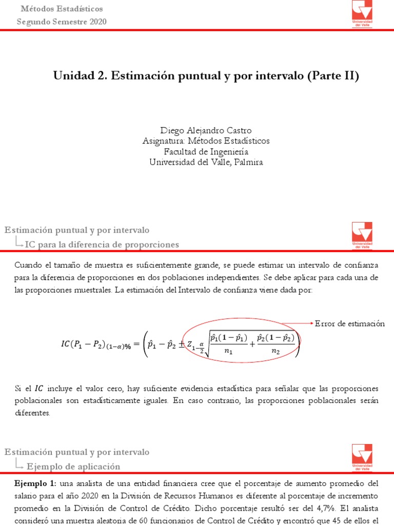Unidad 2. Estimación Puntual y Por Intervalo (Parte II) | Descargar gratis PDF | Intervalo de ...