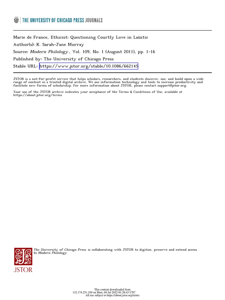 Marie de France Ethicist Questioning Courtly Love in Laustic (K. Sarah ...