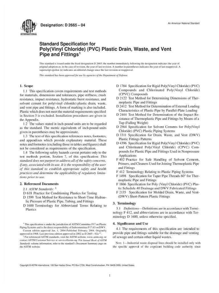 ASTM D2665 Standard Specification For PVC, DWV PVC | PDF