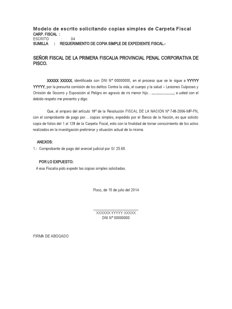 Modelo de Escrito Solicitando Copias Simples de Carpeta Fiscal | PDF