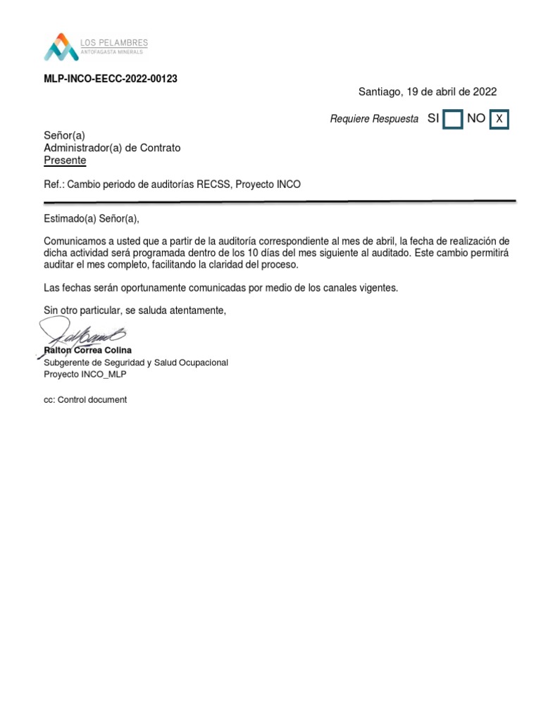 MLP-INCO-EECC-2022-00123 Cambio Periodo Realización Auditorías RECSS | PDF