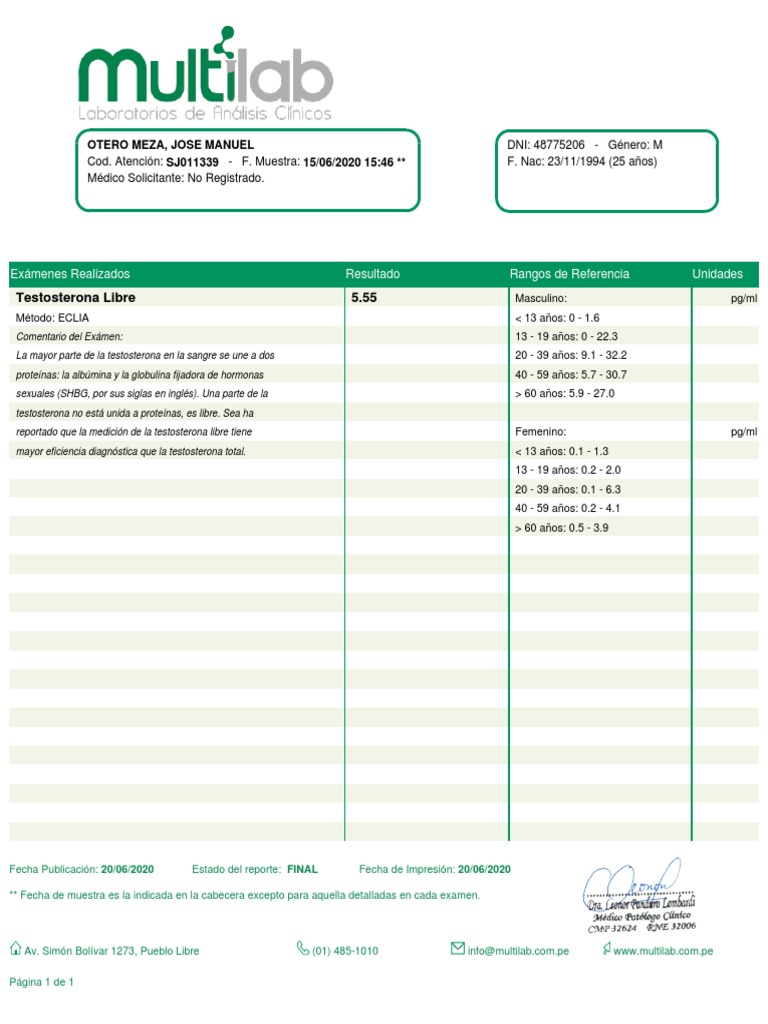Examen de Testosterona Libre y Total | PDF | Testosterona | Endocrinología