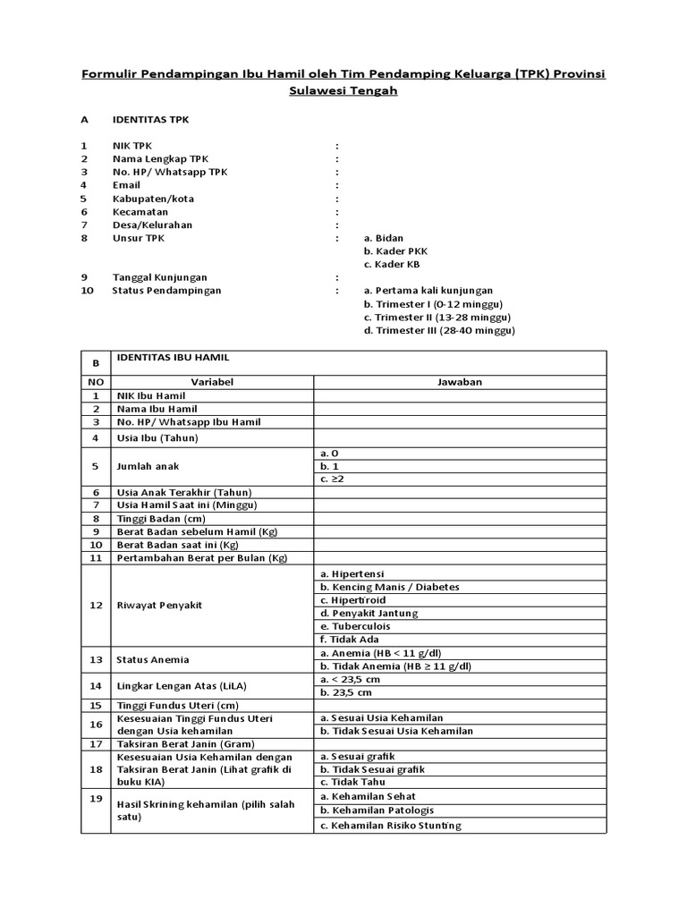 Formulir Pendampingan Ibu Hamil Oleh Tim Pendamping Keluarga (TPK) Provinsi Sulawesi Tengah ...